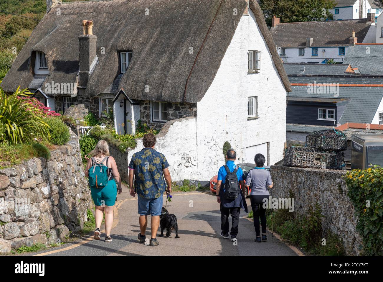Cadgwith Cornwall, Lizard peninsula village, people walking downhill ...