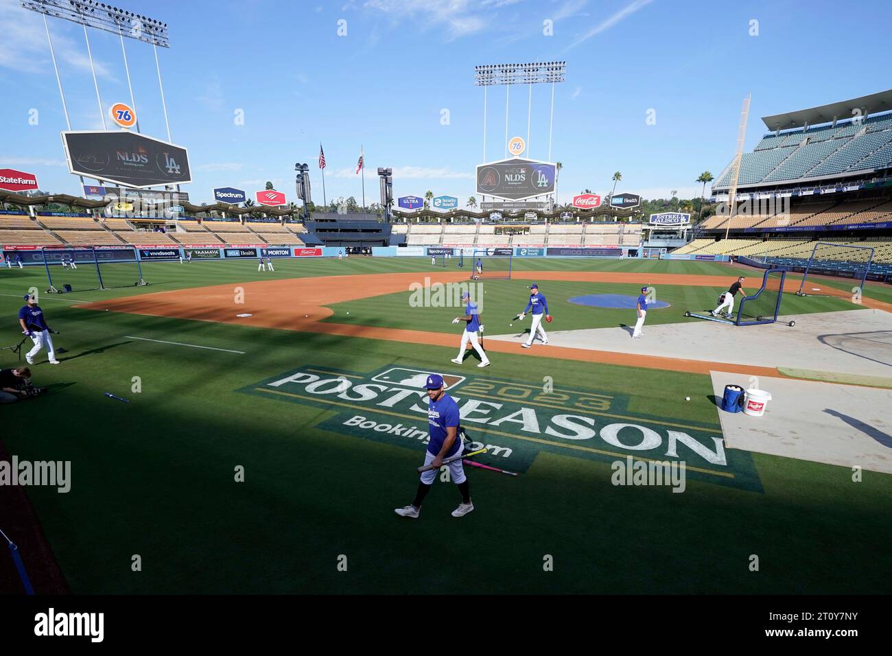 Los Angeles Dodgers players take batting practice before Game 2 of a baseball NL Division Series ...
