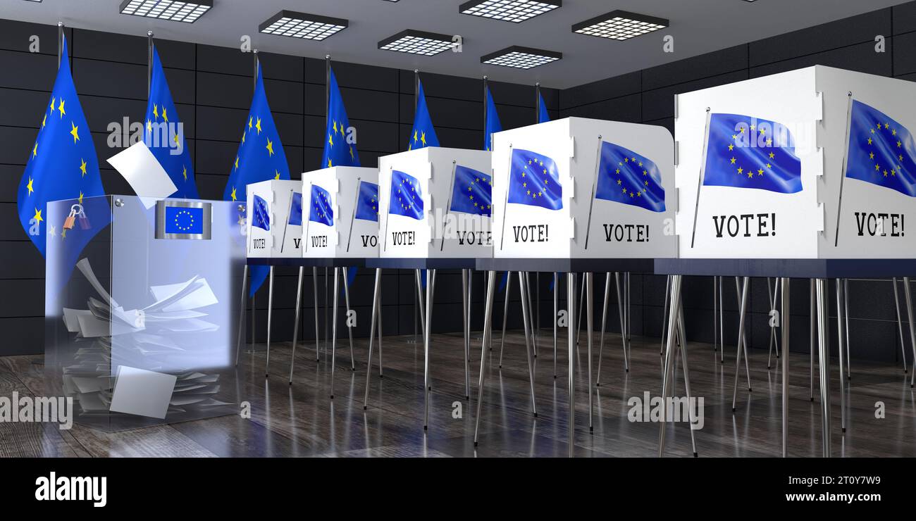 European Union - voting booths with a flag and ballot box - 3D ...