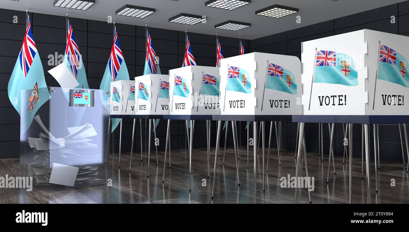 Fiji - polling station with ballot box and voting booths - election ...