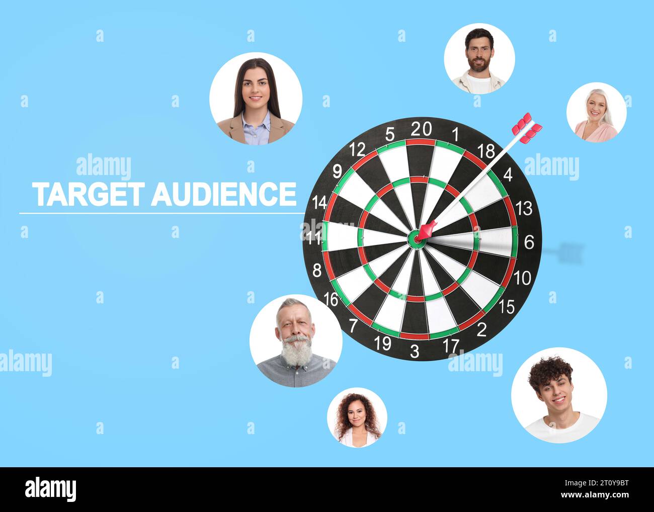 Target audience. Dartboard surrounded by photos of potential clients on ...