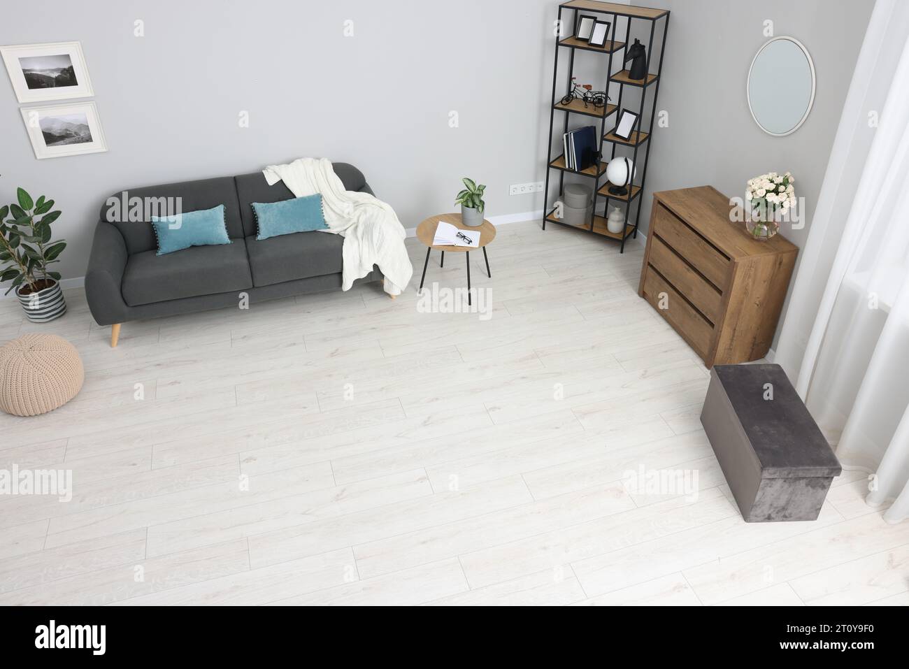 Stylish room with modern furniture, above view. Interior design Stock ...