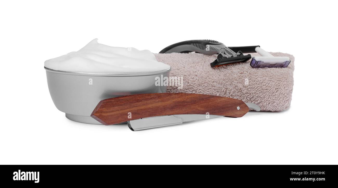 Set of men's shaving accessories on white background Stock Photo - Alamy