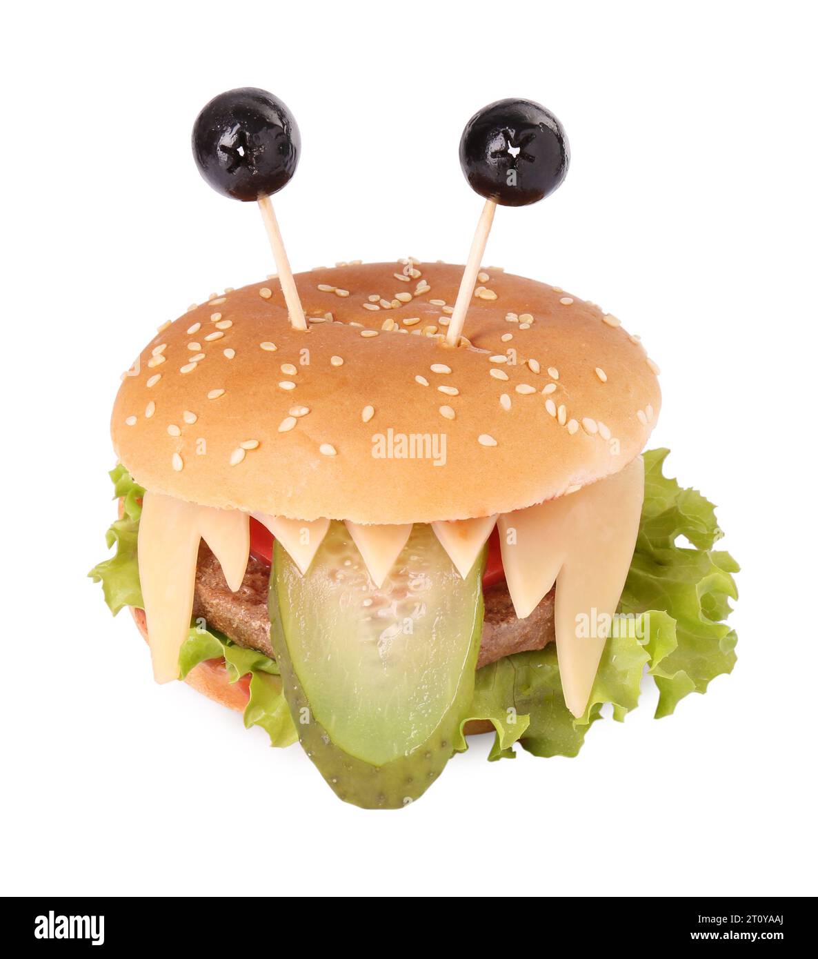Cute monster burger isolated on white. Halloween party food Stock Photo ...