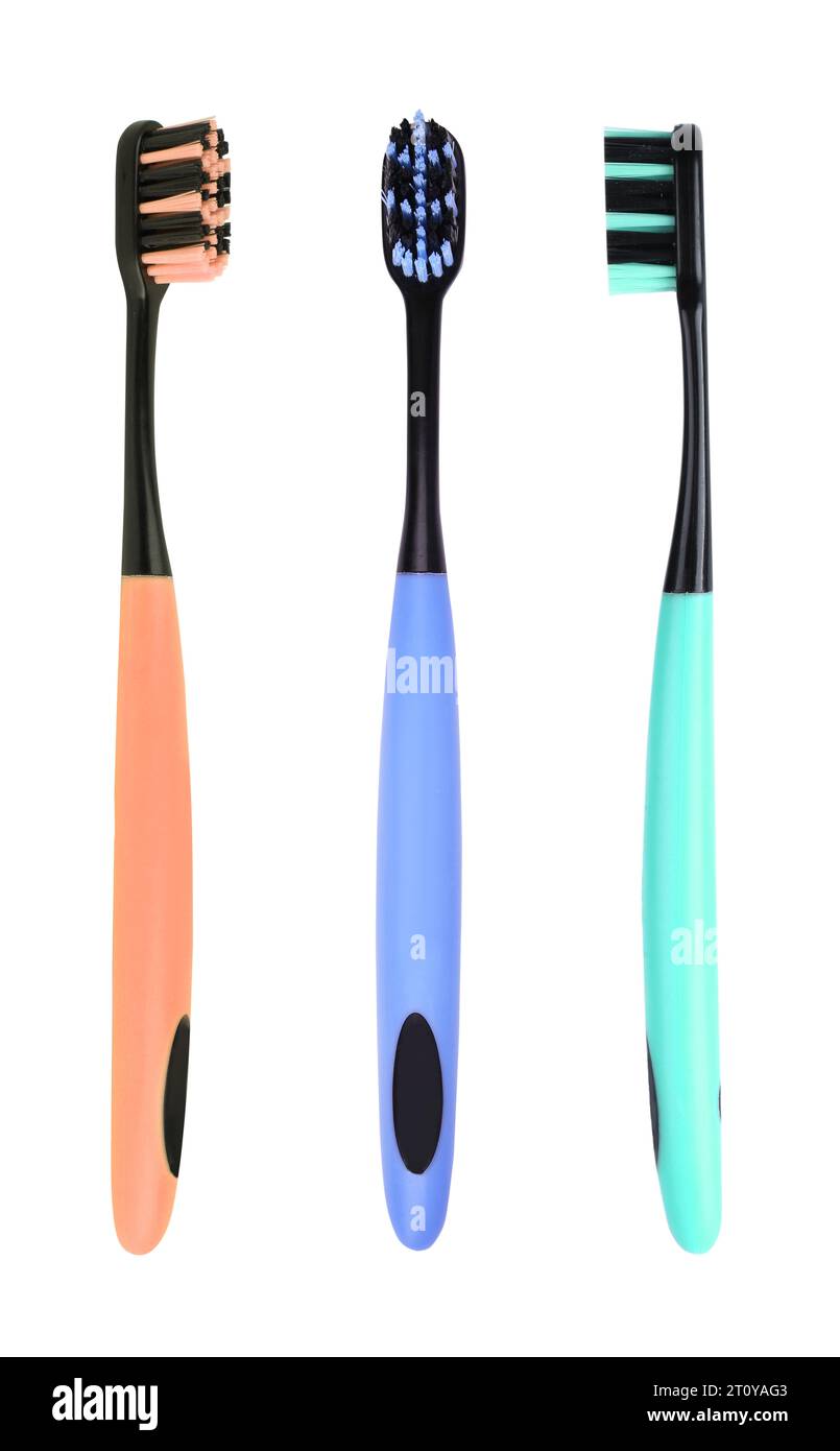 Collage with colorful toothbrushes on white background Stock Photo - Alamy