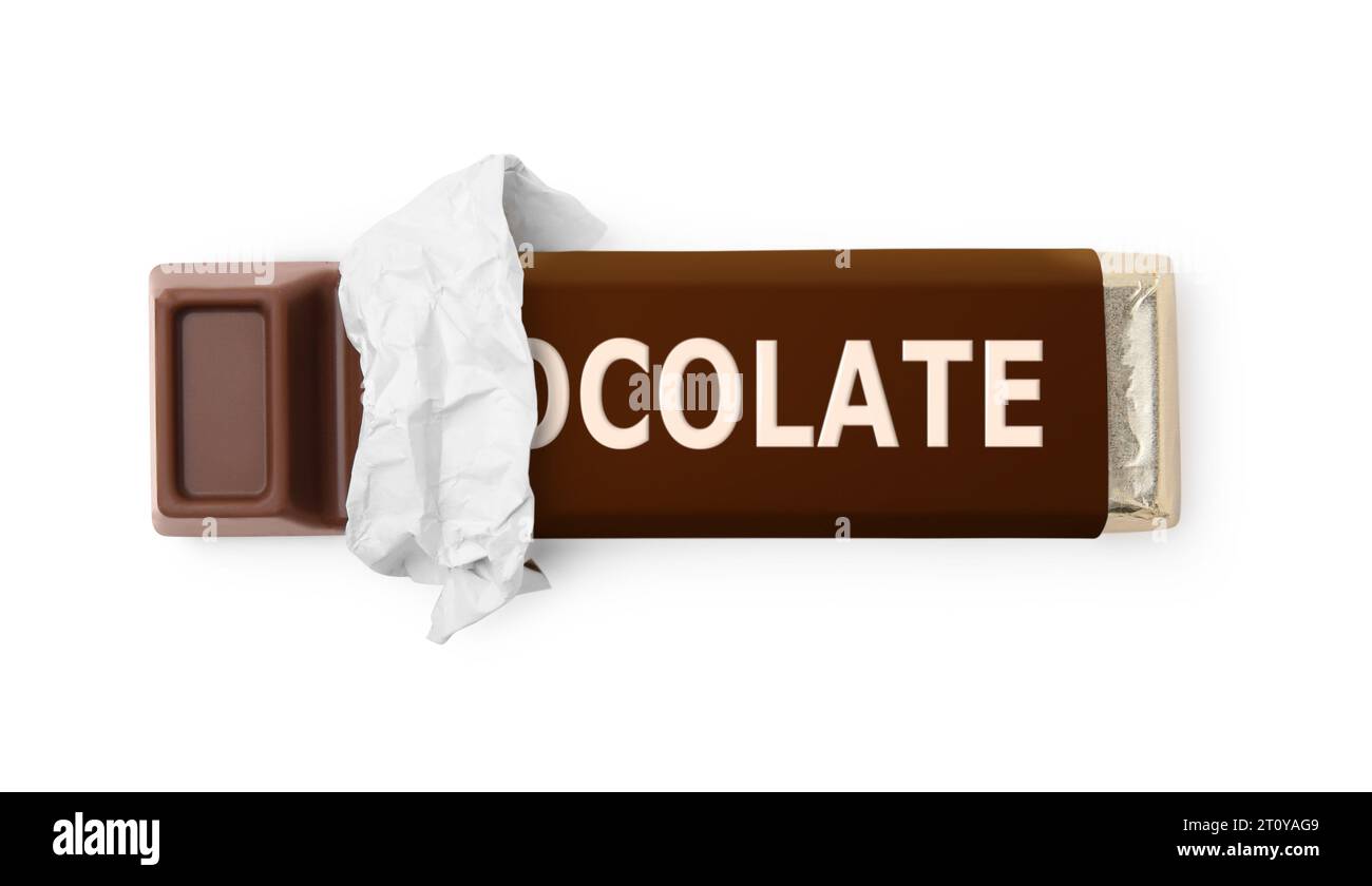 One chocolate bar in packaging on white background, top view Stock ...