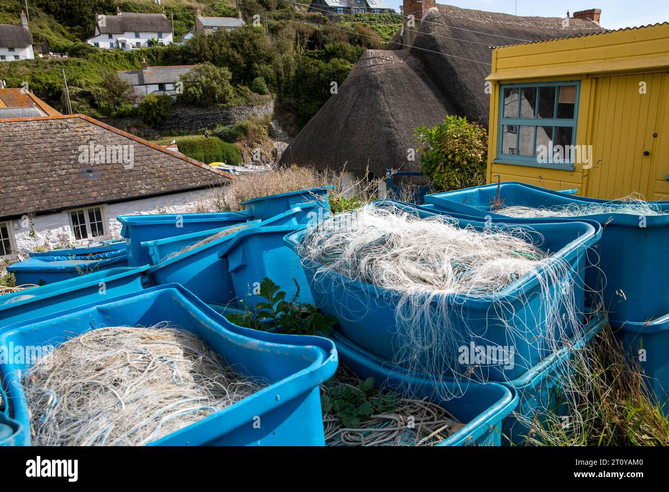 Cadgwith cove village in Cornwall and fishing tackle lines equipment in ...