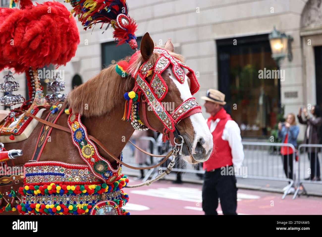 Decorated horses pulling carts with people and wine move up 5th Avenue ...