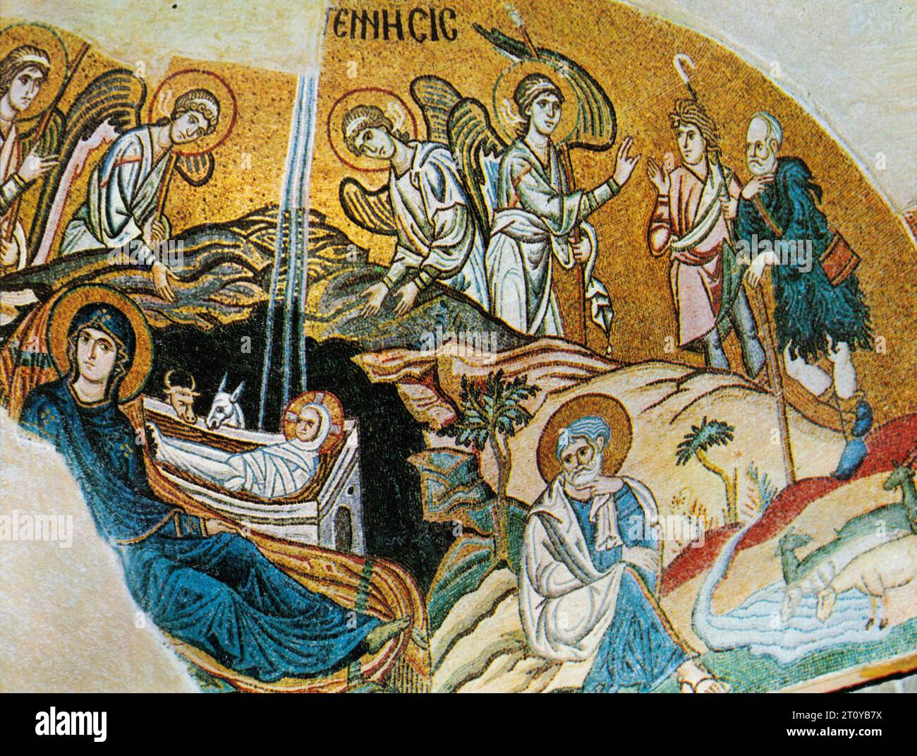 Nativity mosaic at the Daphni Monastery, Greece (half-tone postcard ...