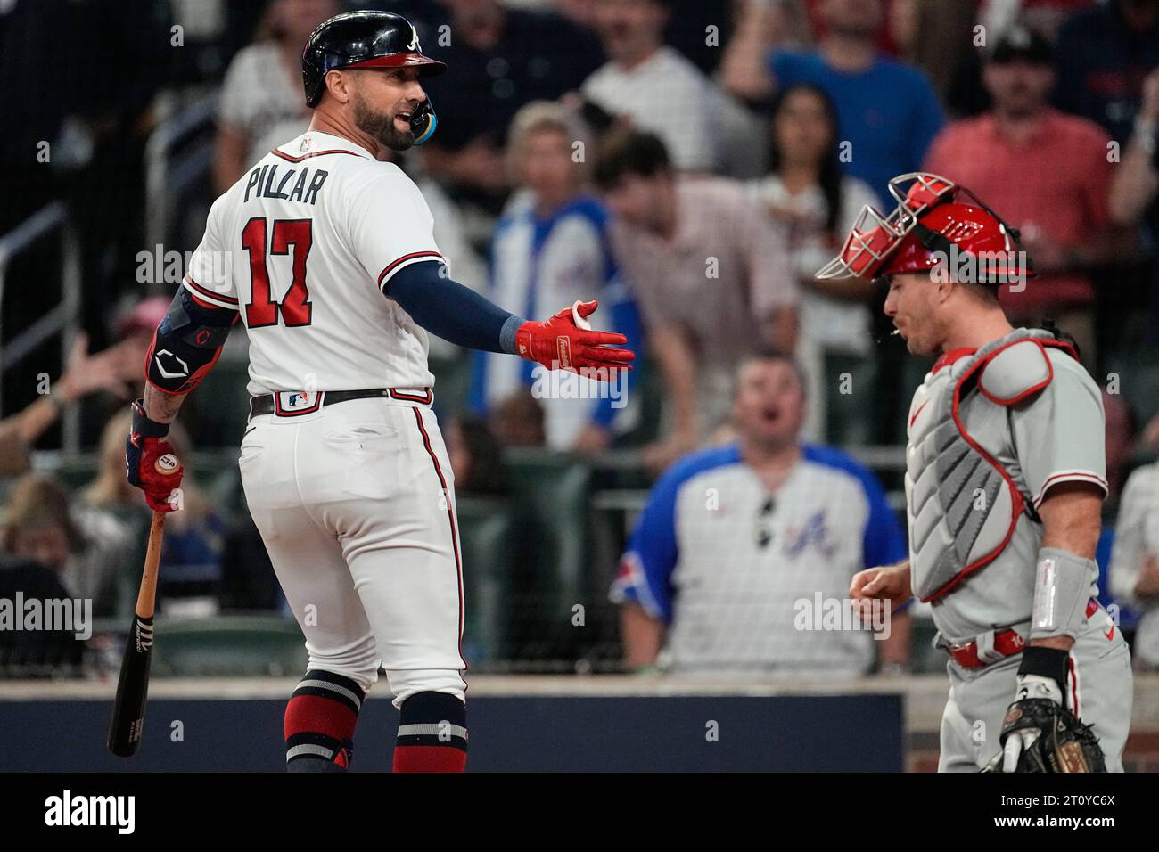Atlanta Braves' Kevin Pillar (17) argues a stike call in the seventh ...