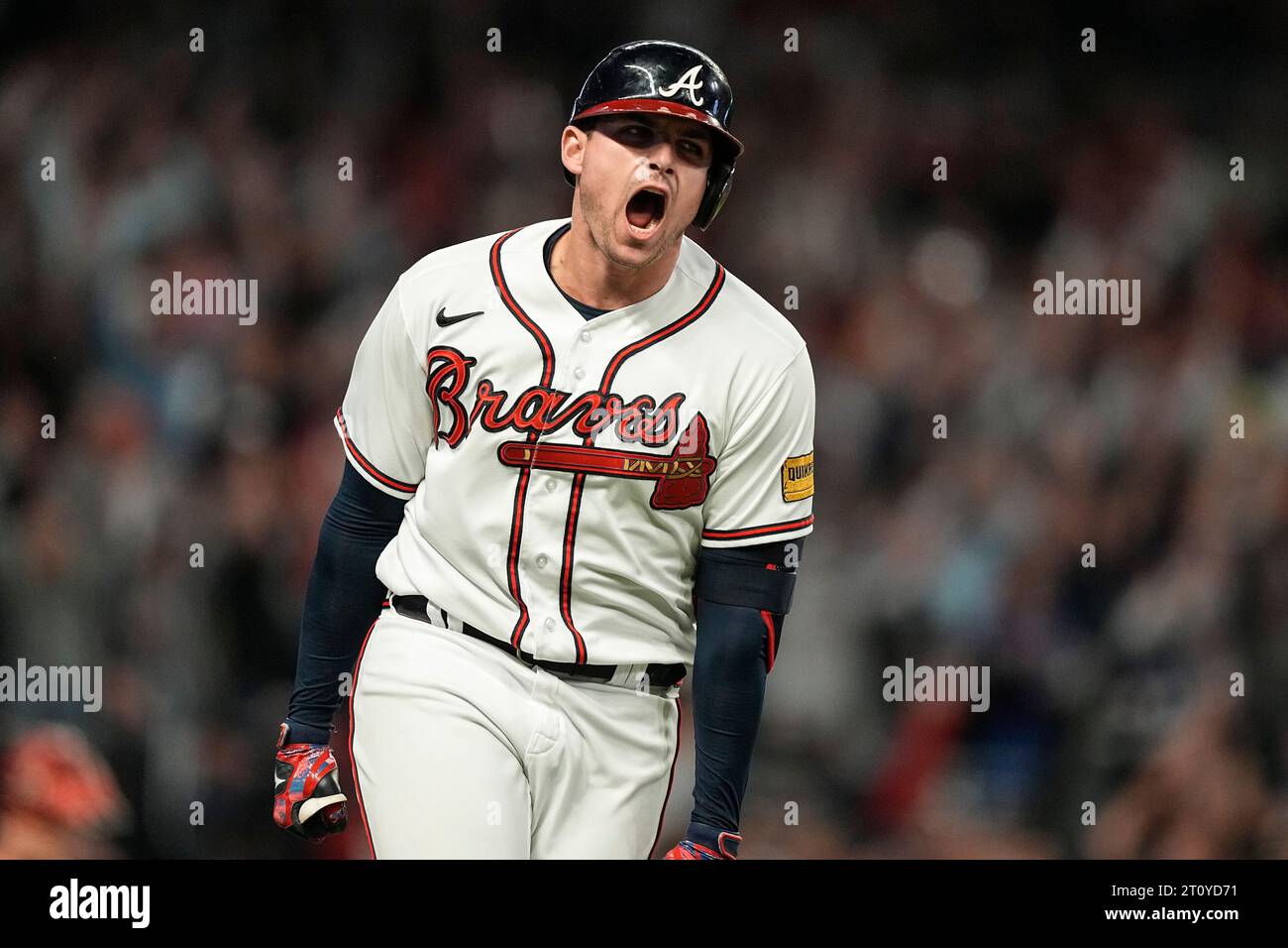 Atlanta Braves' Austin Riley (27) celebrates hitting a two run homer in ...