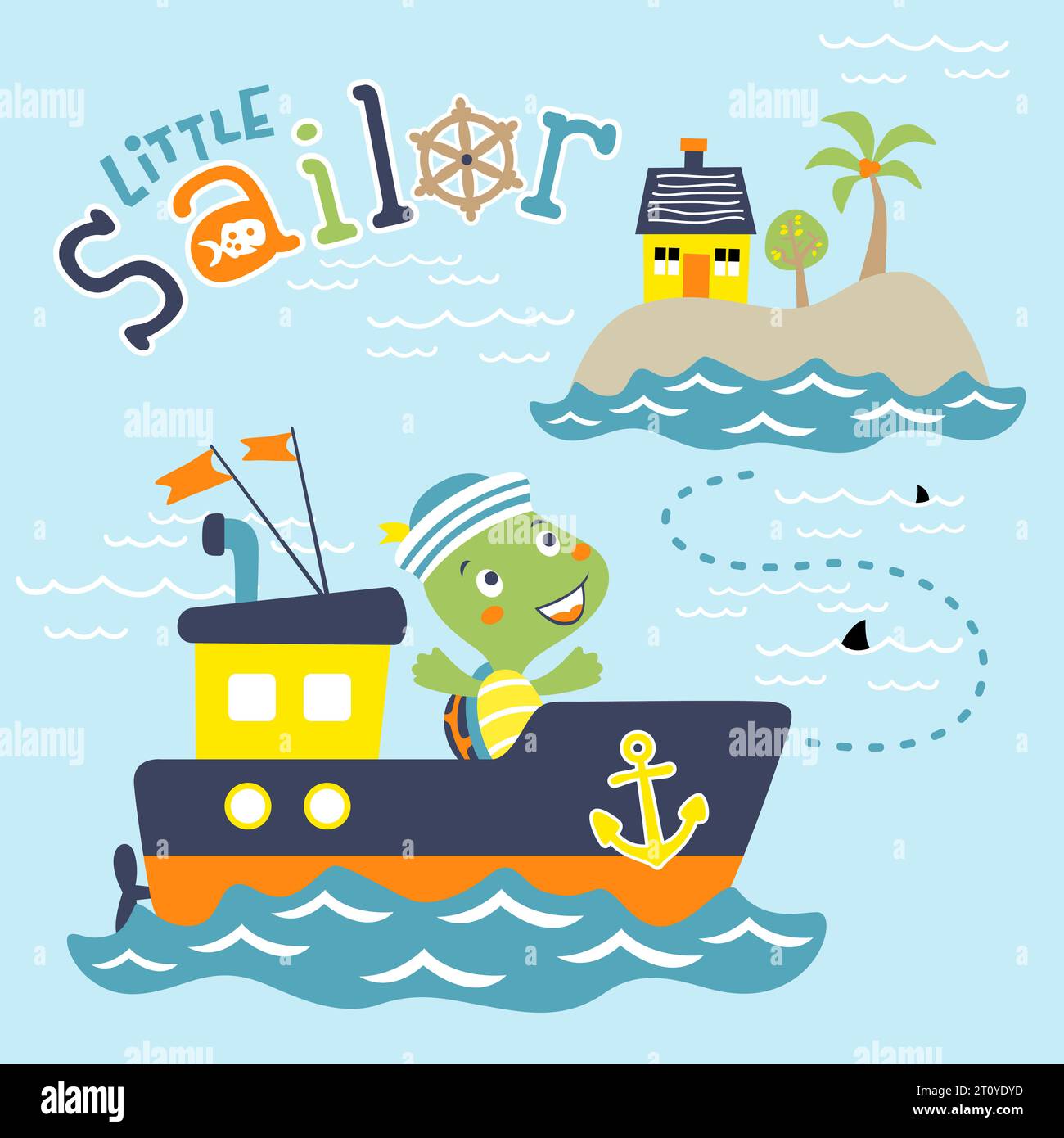 Vector cartoon of turtle the sailor on boat, sailing to small island ...