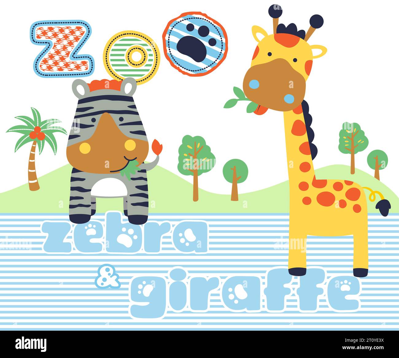 Funny zebra with giraffe in the zoo, vector cartoon illustration Stock ...