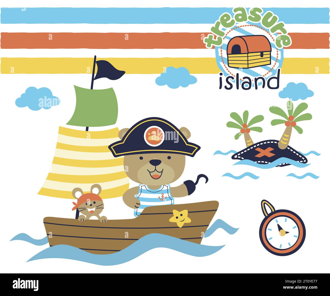 Cute bear with mice on sailboat, pirate sailing elements, vector ...