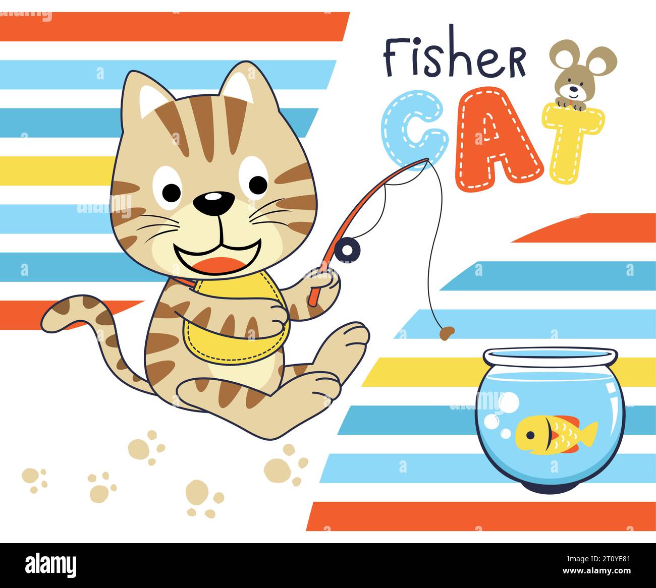 Funny cat fishing at a jar, mice on letter, vector cartoon illustration ...