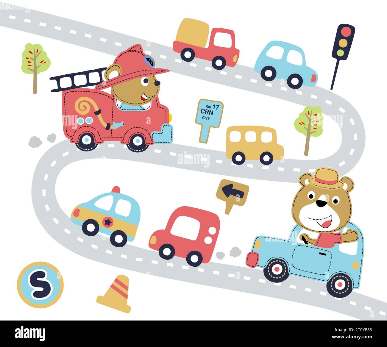 Funny bear driving car in city road, vector cartoon illustration Stock ...