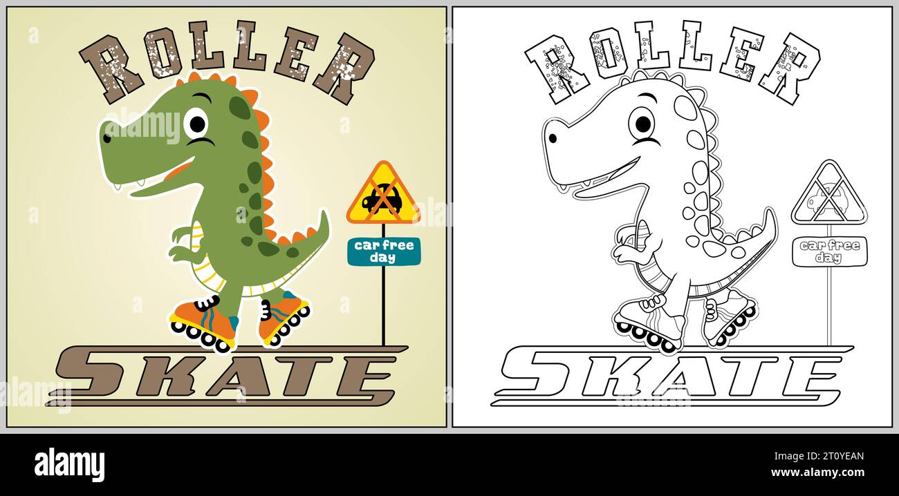 Funny dinosaur playing rollerskate, vector cartoon, coloring page or ...