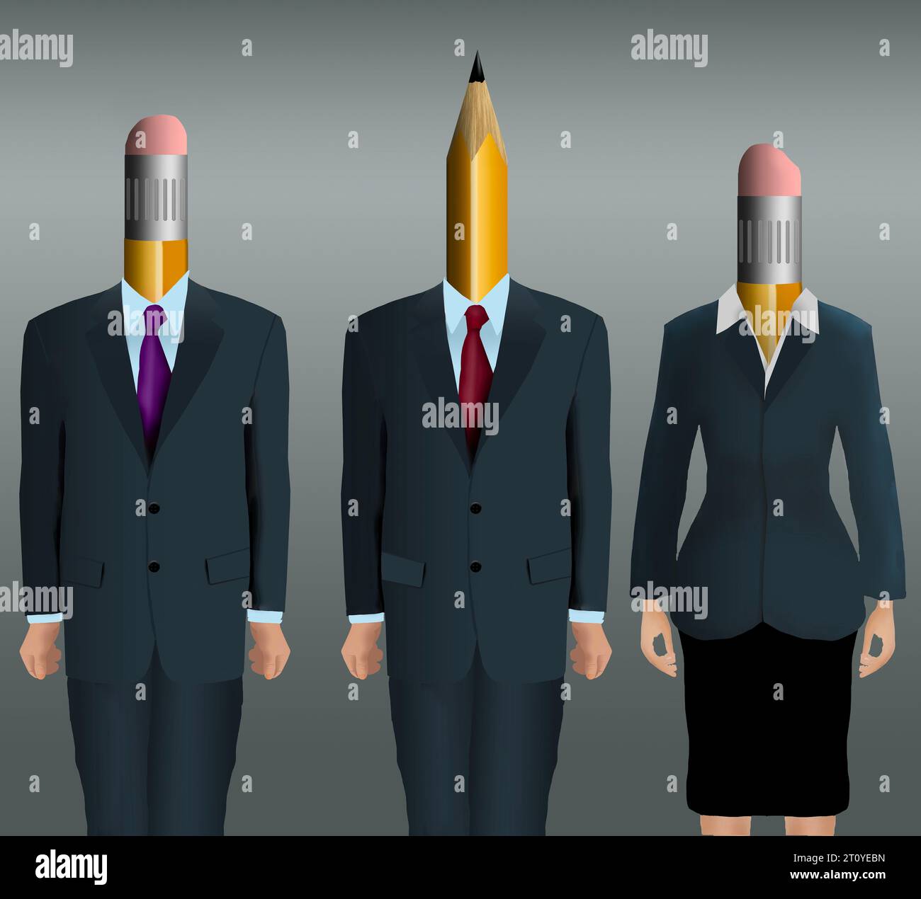 Business people with pencils for heads contrast a sharp and accurate ...
