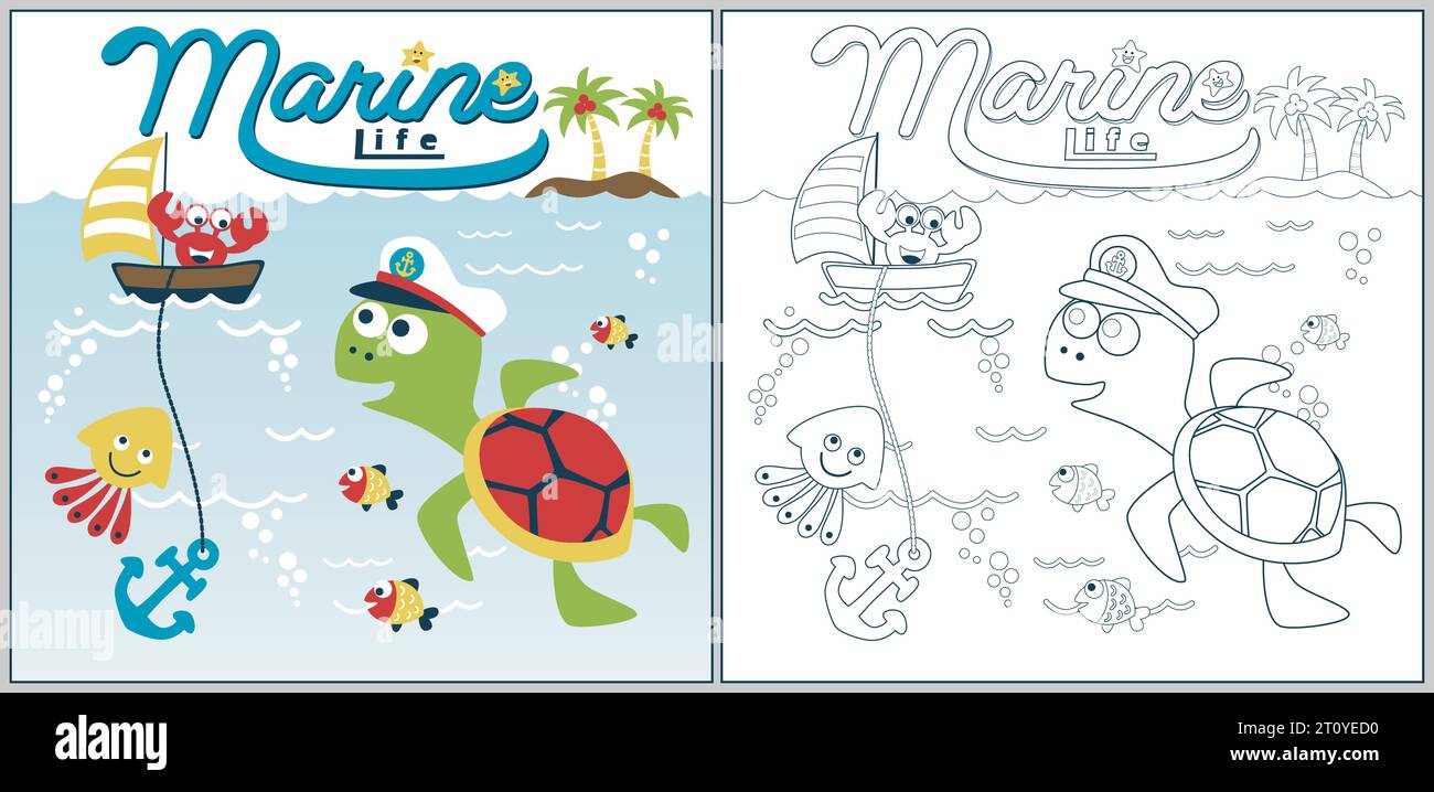 Cartoon vector illustration, cute turtle with marine animals, crab on ...