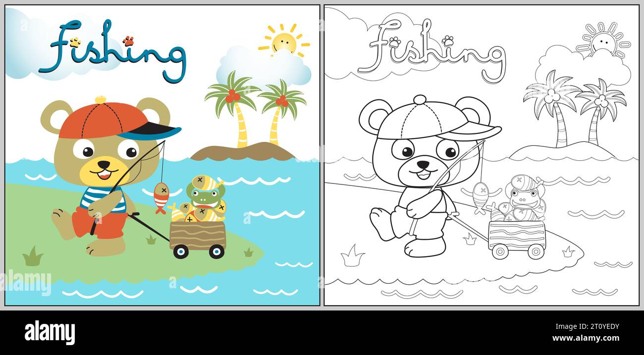 Little bear with frog back from fishing, vector cartoon illustration ...