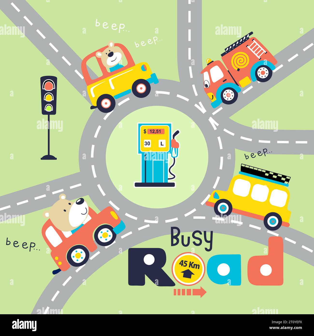 vector cartoon of funny bear on car, colorful vehicles in ring road ...