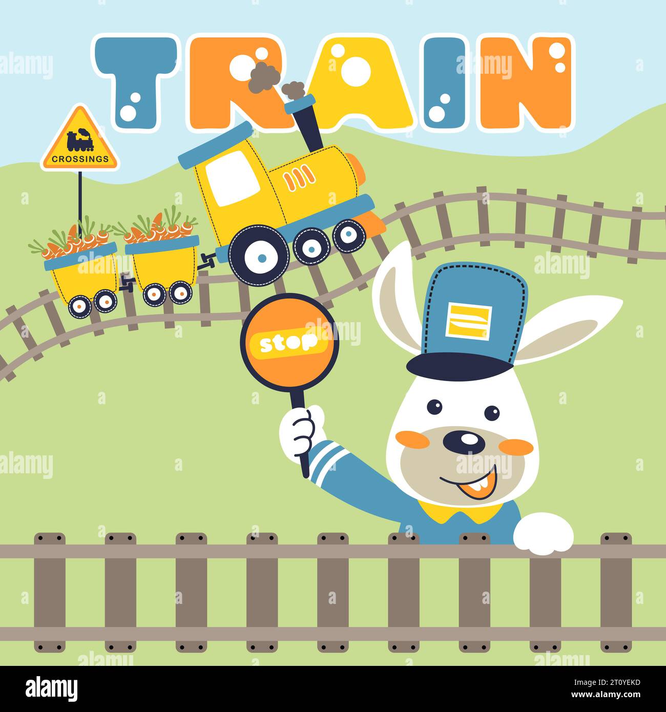 vector cartoon of funny rabbit with steam train Stock Vector Image ...