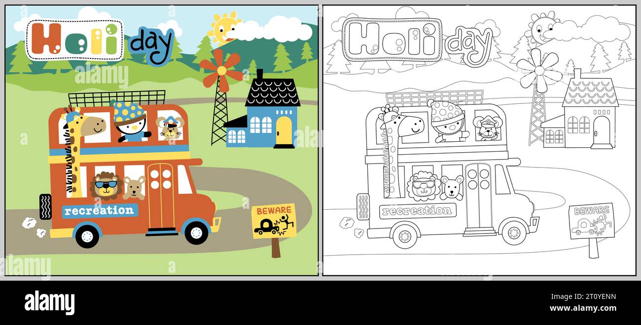Group of cartoon animals on bus in vacation trip, coloring book or page ...
