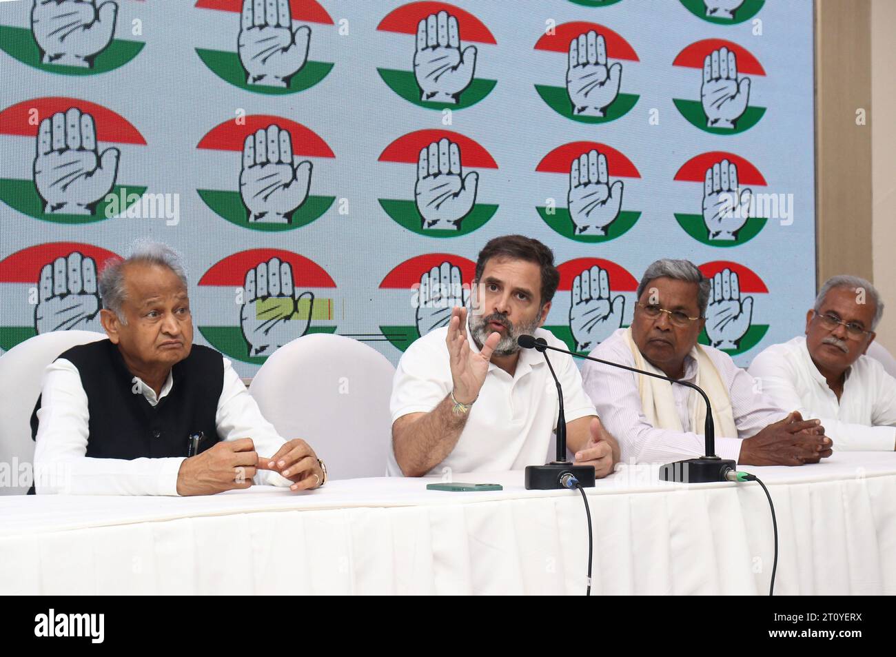 New Delhi, India. 09th Oct, 2023. Congress leader Rahul Gandhi (2nd L ...