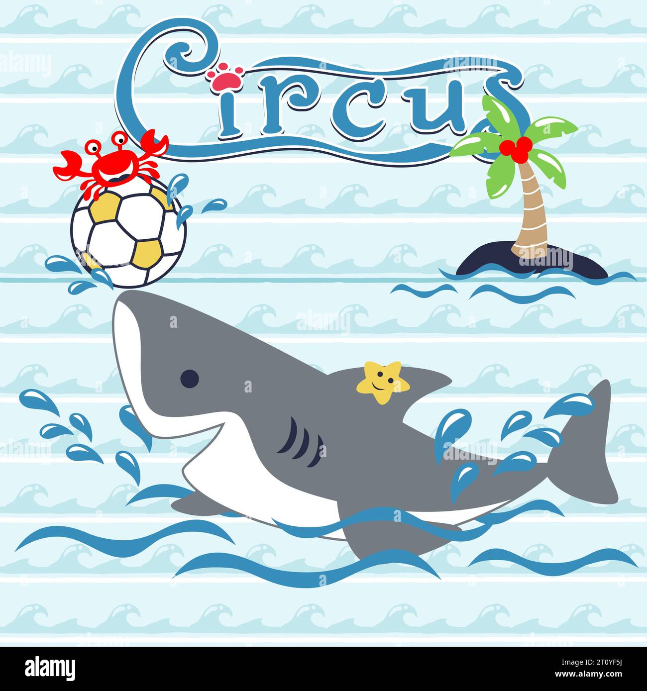 Vector cartoon of funny shark with crab and starfish playing soccer on ...