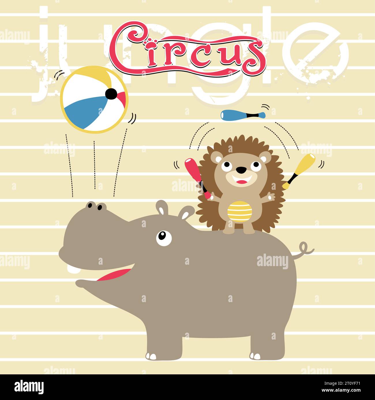 funny hippo with hedgehog in circus show, vector cartoon illustration ...
