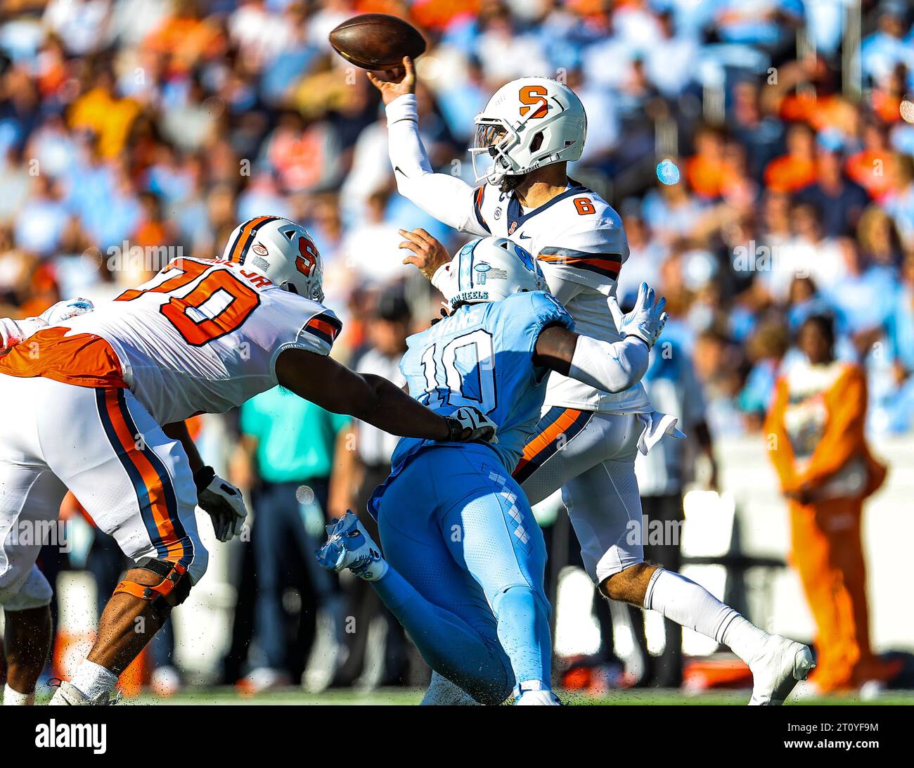 October 7, 2023: North Carolina senior Desmond Evans (10) applies ...
