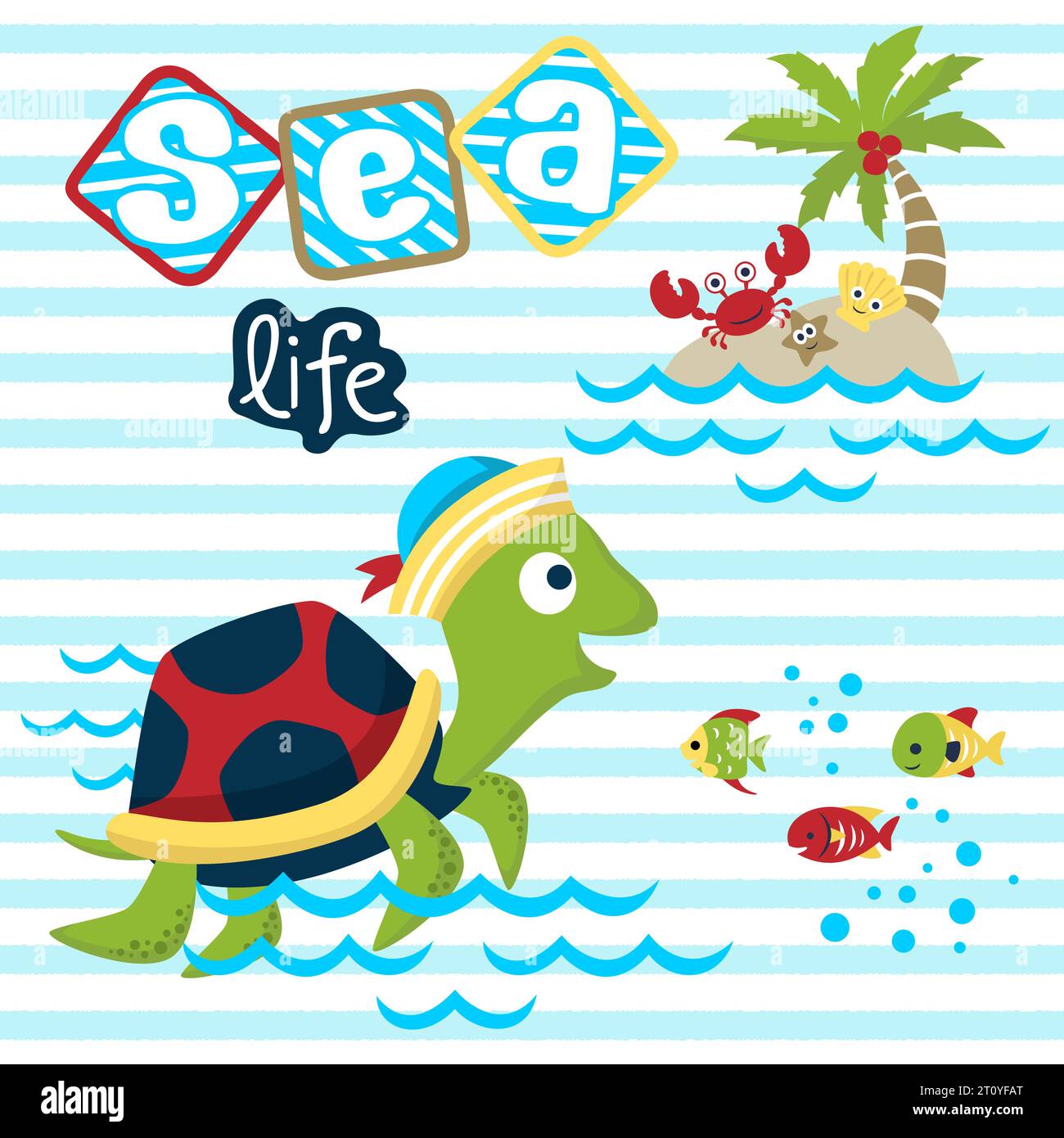 vector cartoon of funny turtle wearing sailor hat with marine animals ...