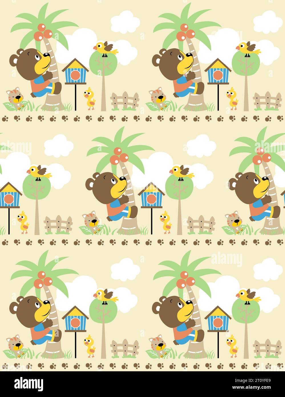seamless pattern of bear cartoon climbing palm tree in garden with its ...