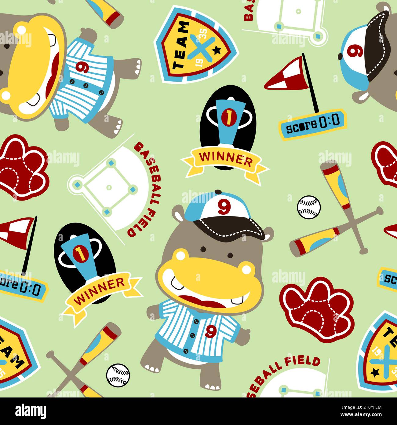 Seamless pattern vector of cartoon funny hippo in baseball player ...