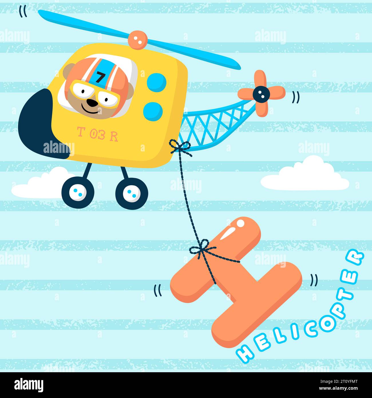 Funny bear pilot on helicopter pulling H letter, vector cartoon ...
