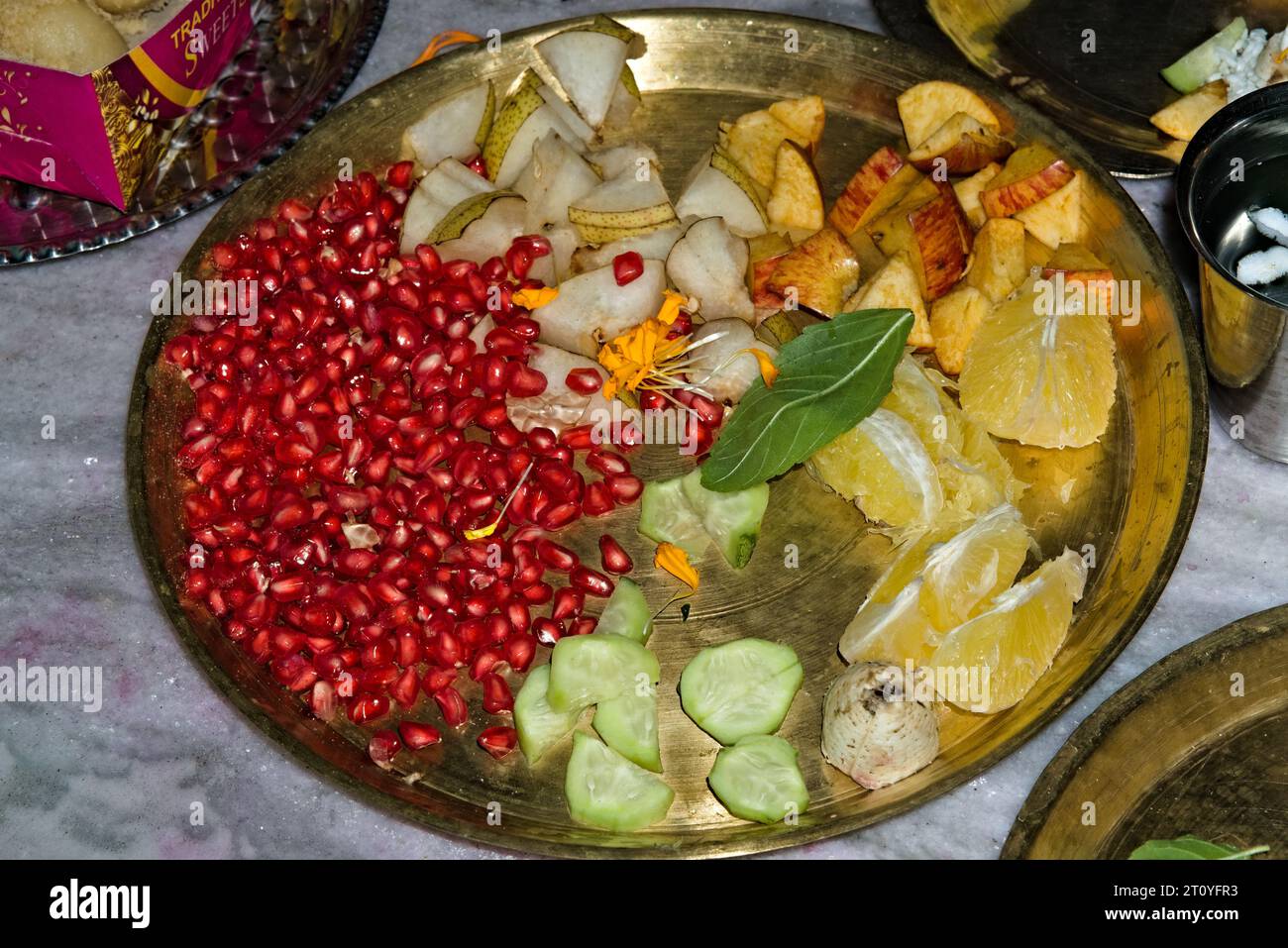 different varieties of fruit offerings during hindu puja festival in a ...