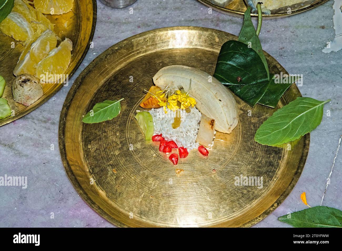 different varieties of fruit offerings during hindu puja festival in a ...