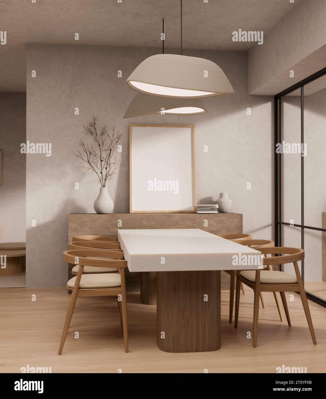 Front view of a modern Scandinavian dining room interior design with a ...