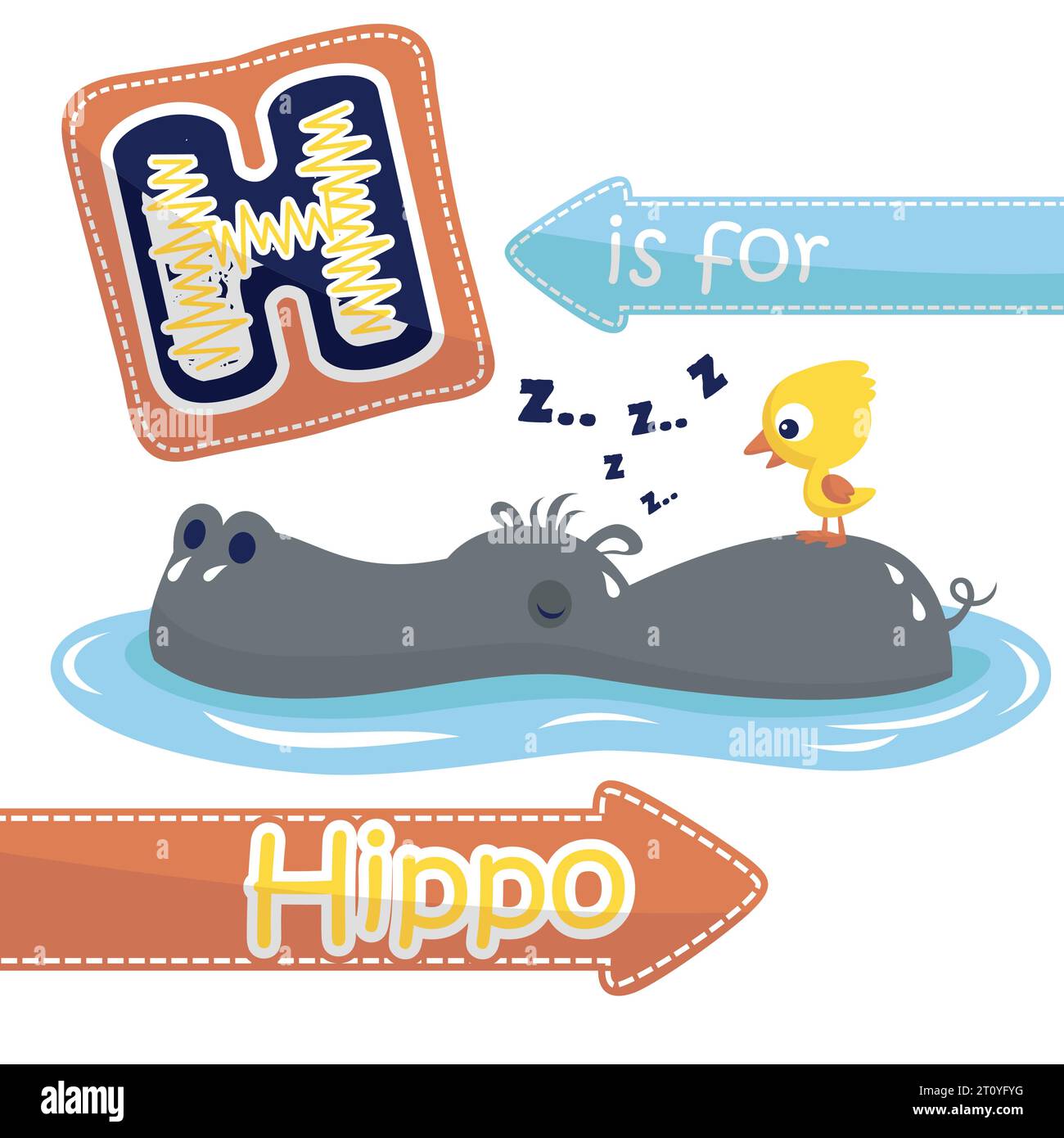 Vector illustration of little duck standing on hippo's back in water ...