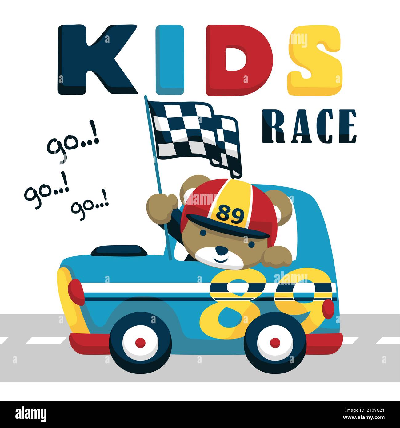 Vector illustration of cartoon bear holding finish flag on racing car ...