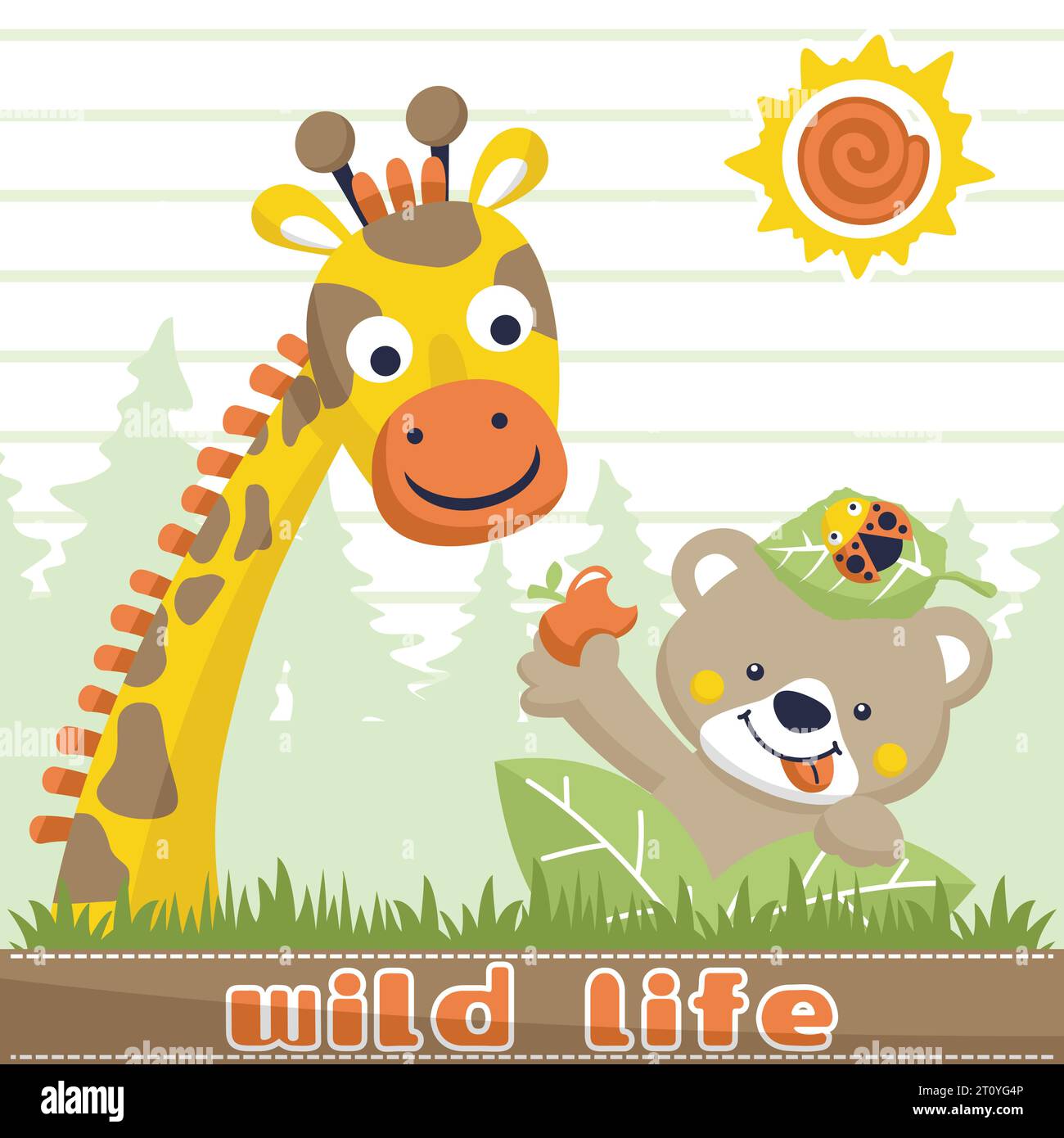 Funny animals cartoon vector, giraffe with bear and ladybug on trees ...