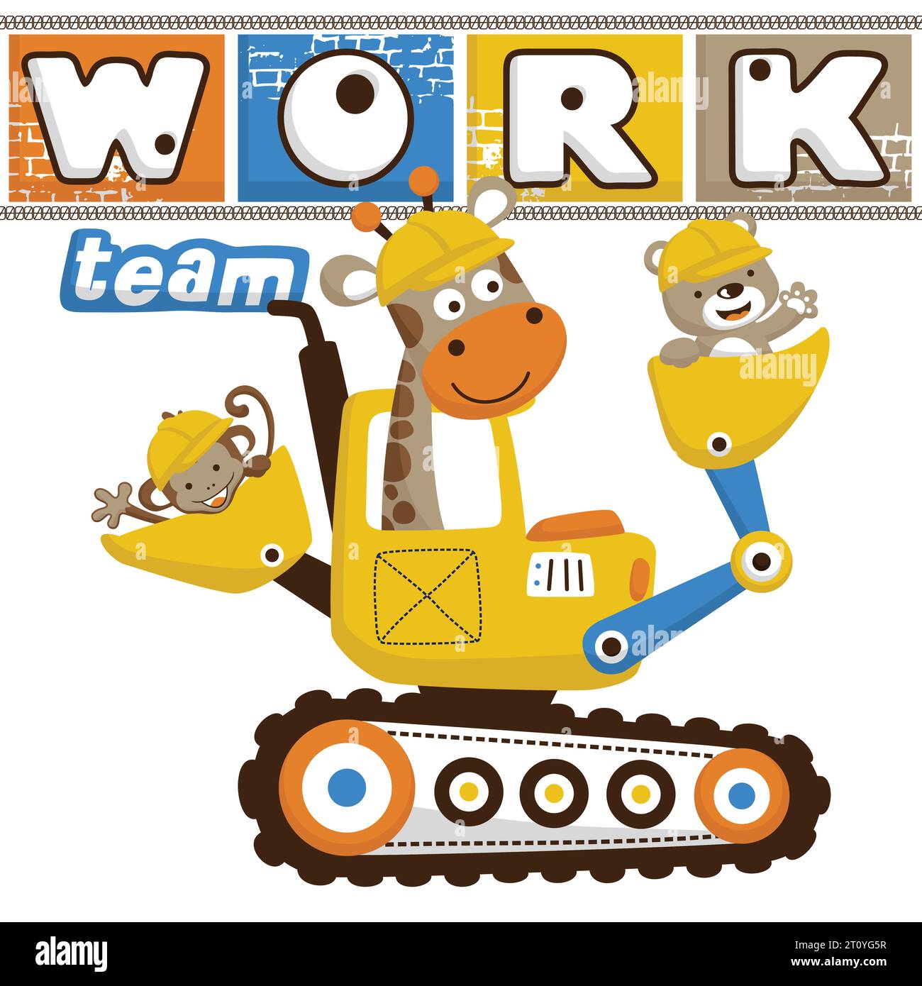 Vector illustration of cartoon animals wearing worker helmet on backhoe ...