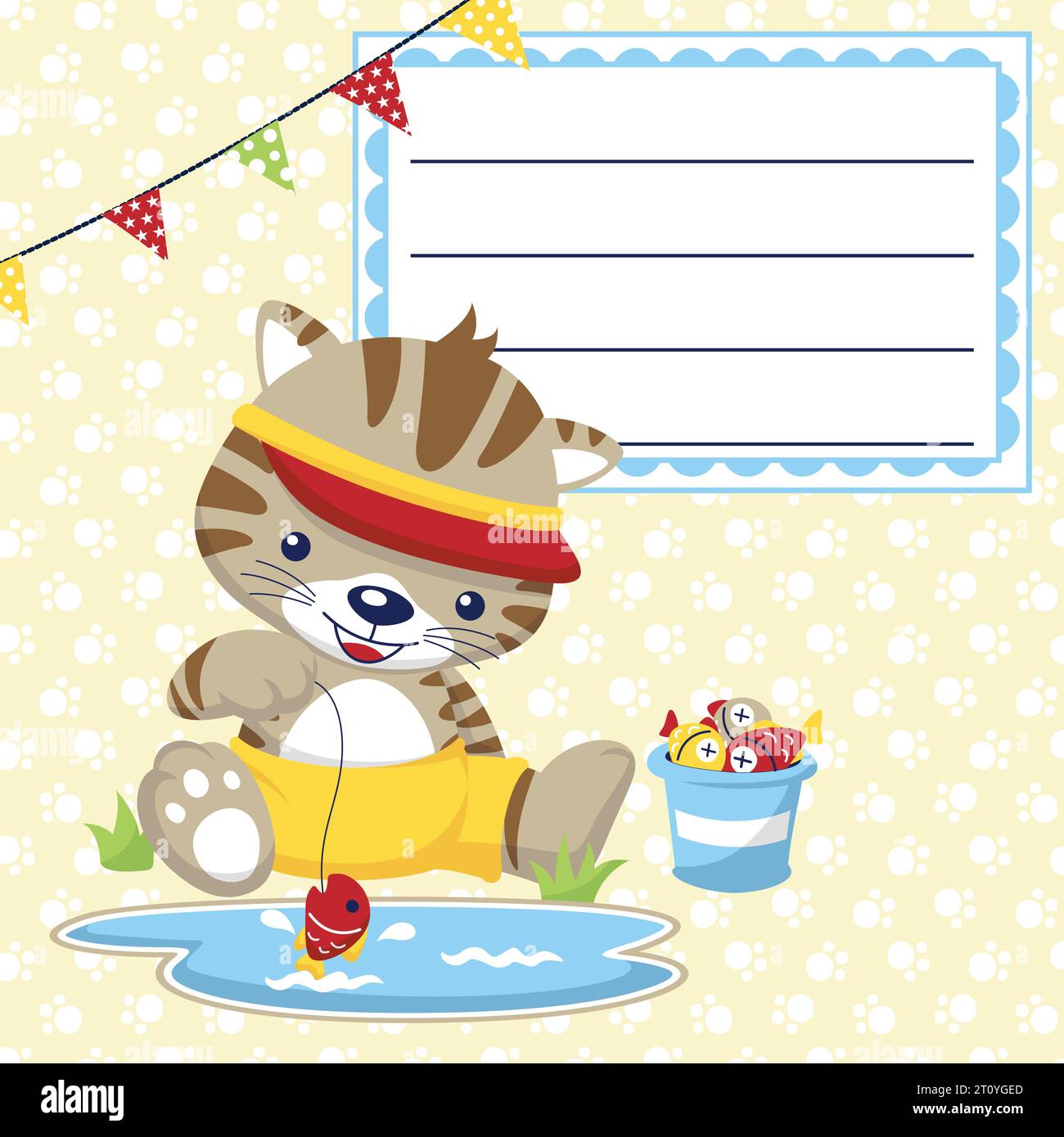 Invitation card template with funny kitten fishing on animals trail ...