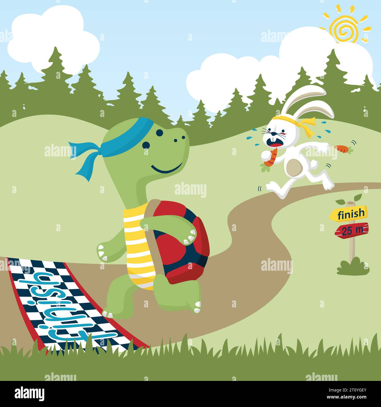 Cartoon vector of animals run race, turtle with bunny on trees ...