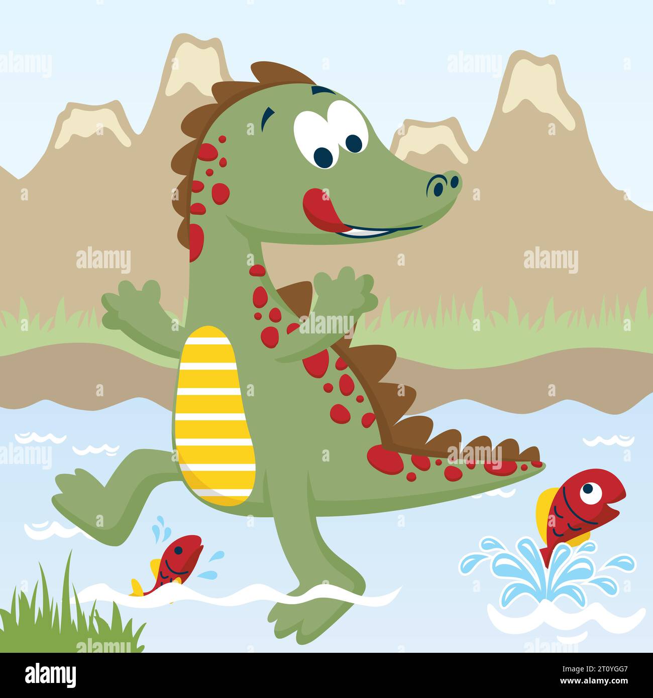 vector cartoon of funny dinosaur trying to catch fish on volcanoes ...