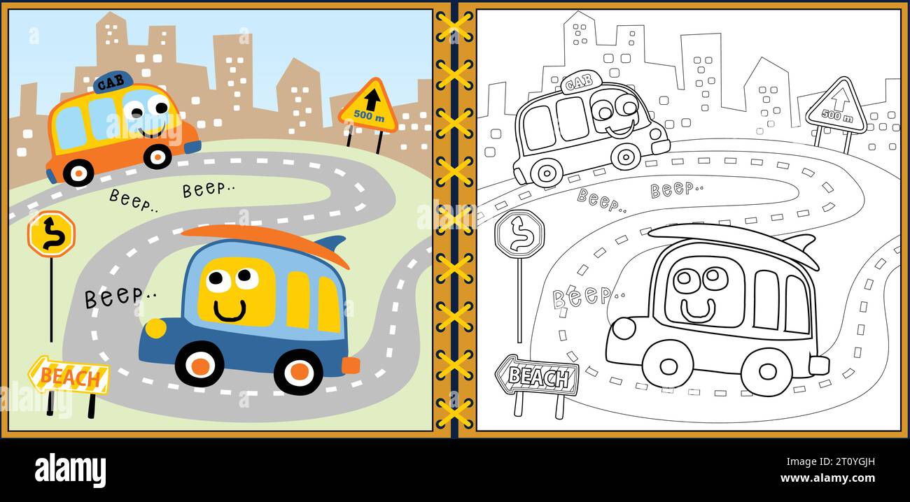 Coloring book or page with funny vehicles cartoon, city traffic ...