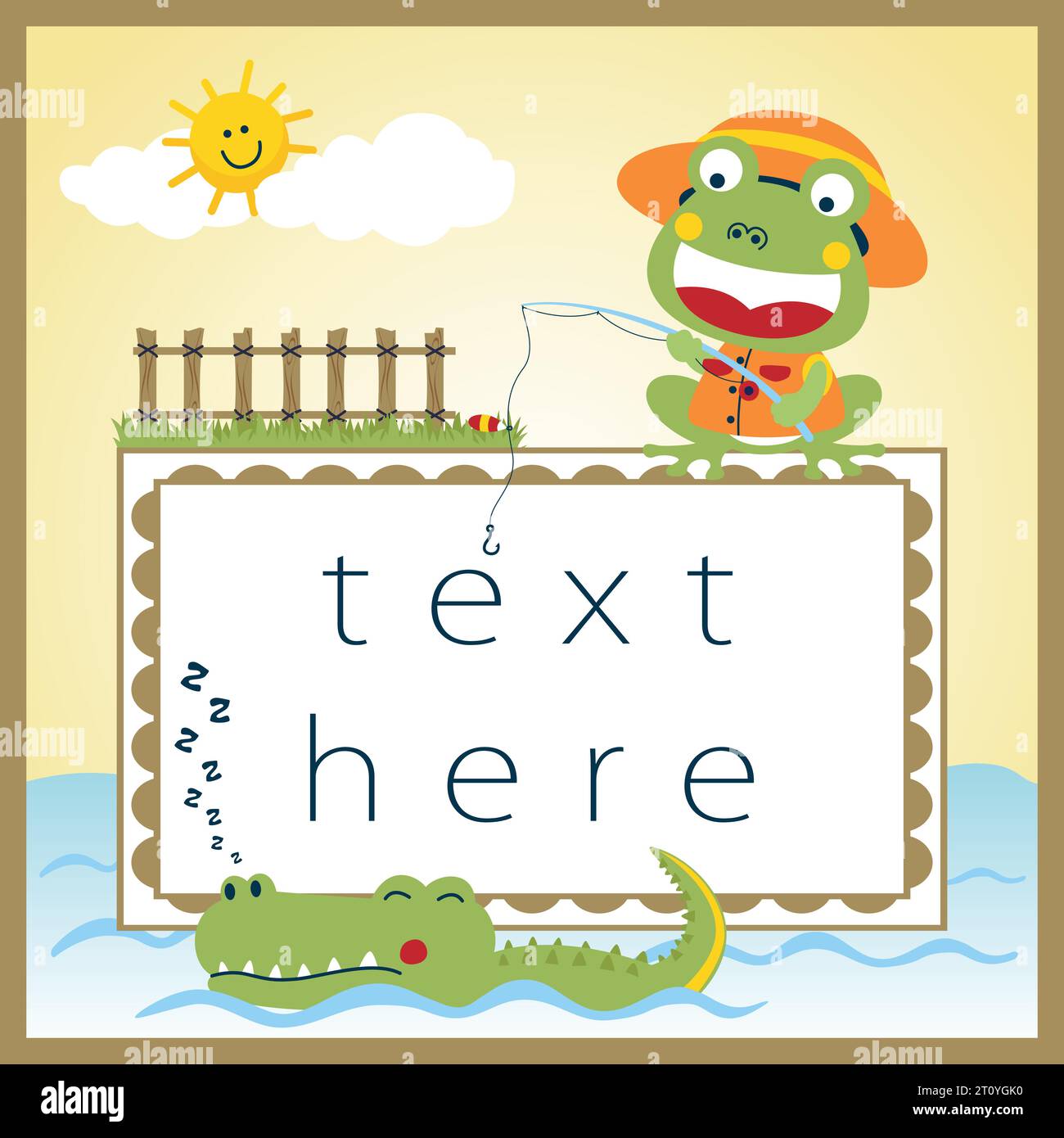Invitation card templates, funny frog fishing, crocodile in water ...