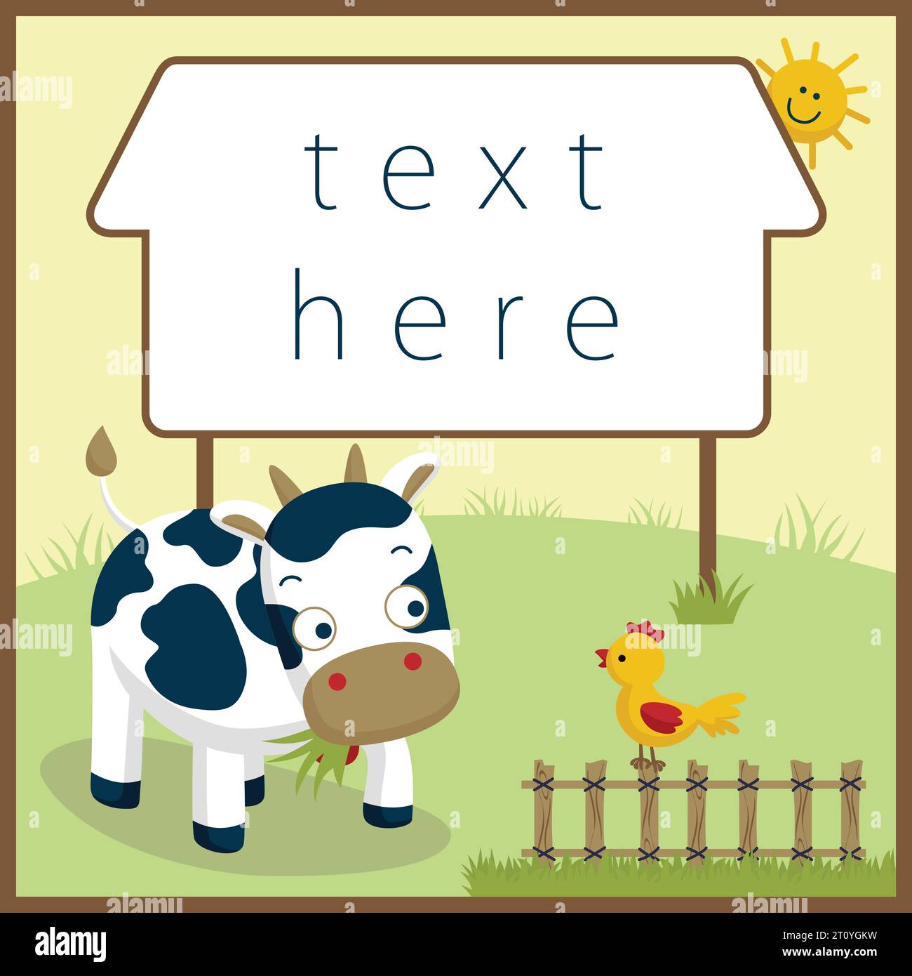 Funny farm animals cartoon vector. Cow eat grass, chicken on fence ...
