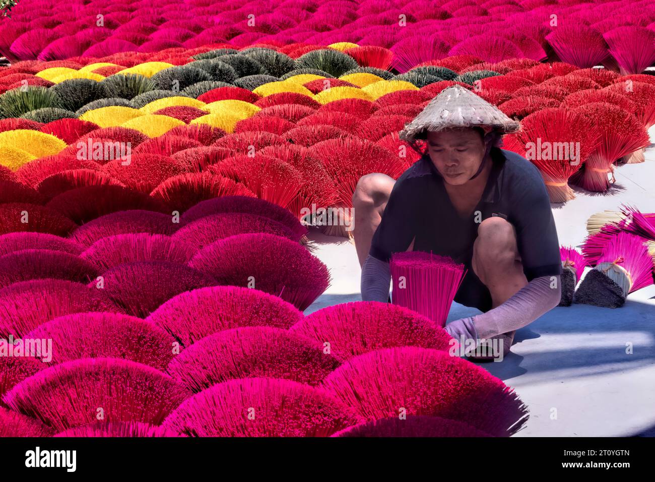 Worker drying incense in the Quang Phu Cau incense village, Hanoi ...