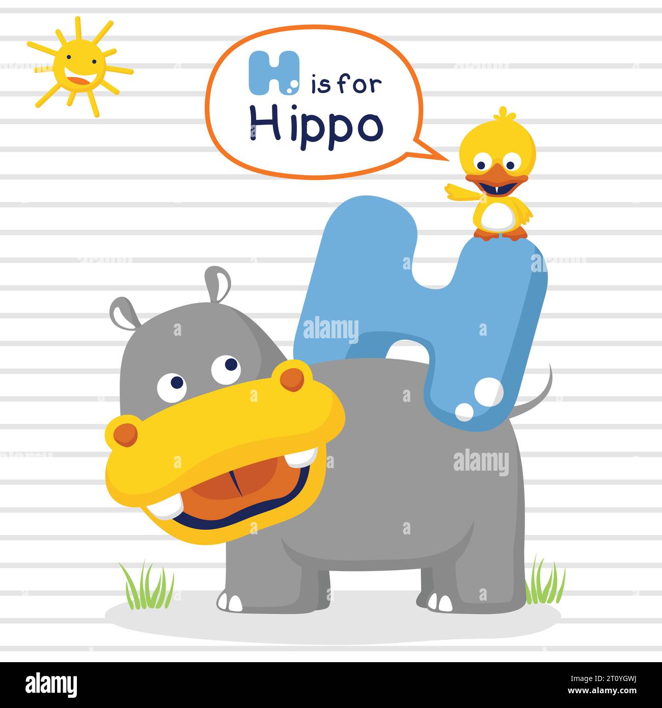 Cartoon vector of cute hippo and little duck on striped background ...